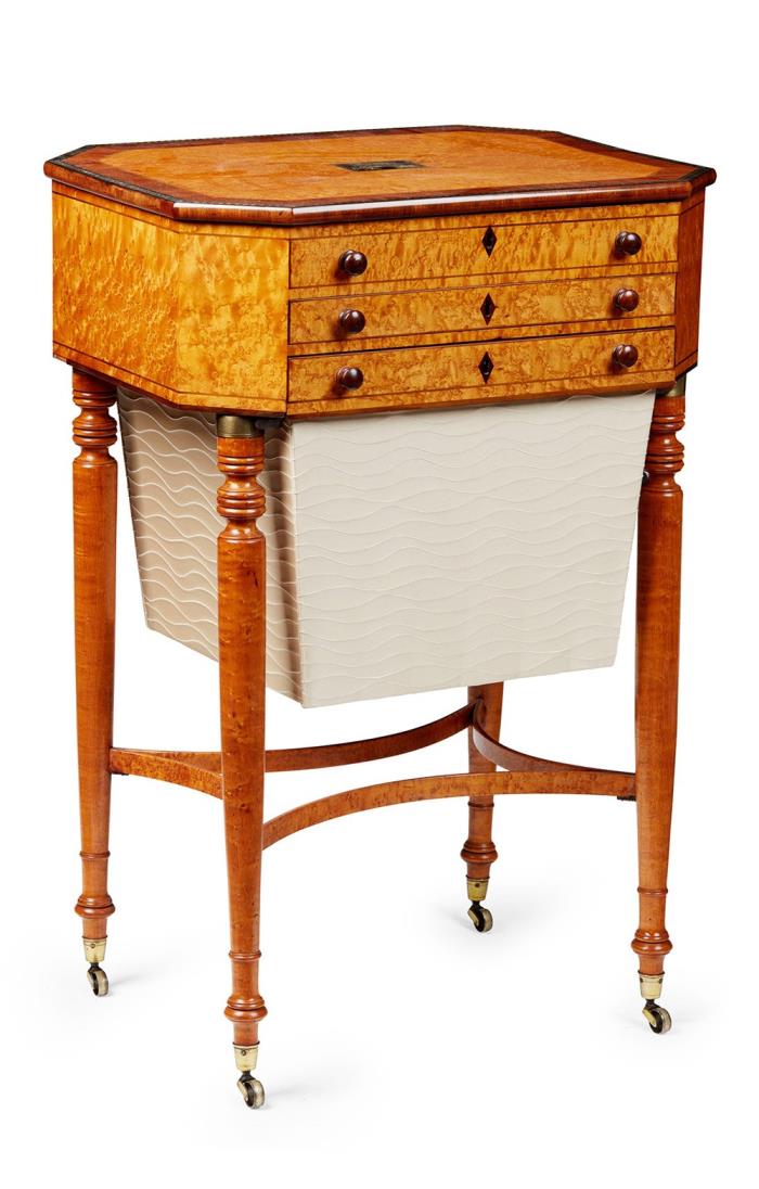 Regency Bird's Eye Maple, Mahogany And Brass Inlaid Work Table, Early ...
