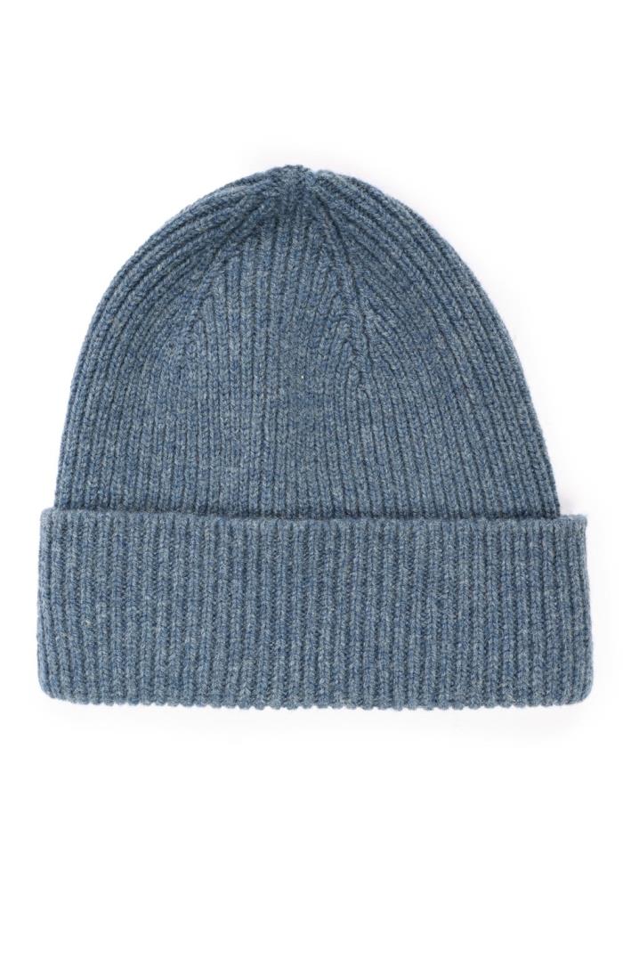 Robert Mackie Lambswool Ribbed Beanie Hat, Blue - House of Bruar