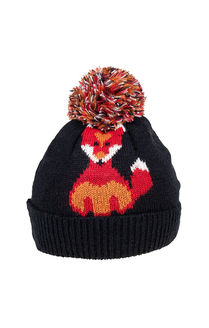 Ladies Fox Print Bobble Hat, Black - House of Bruar