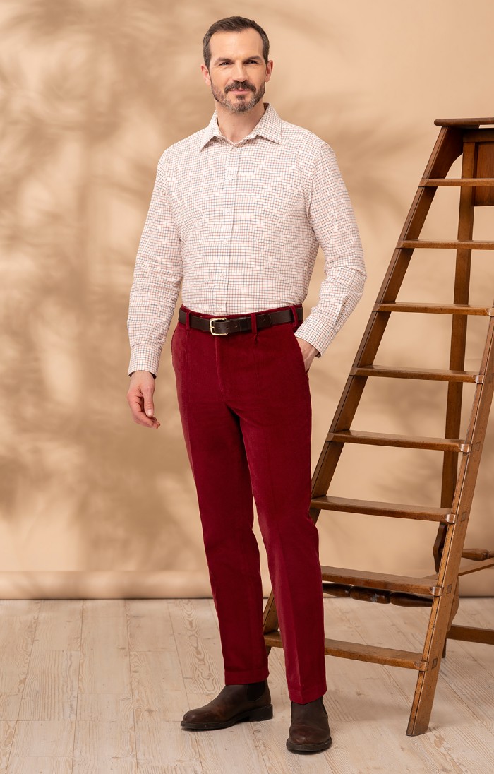 Men's Single Pleat Stretch Cord Trousers, Red - House of Bruar