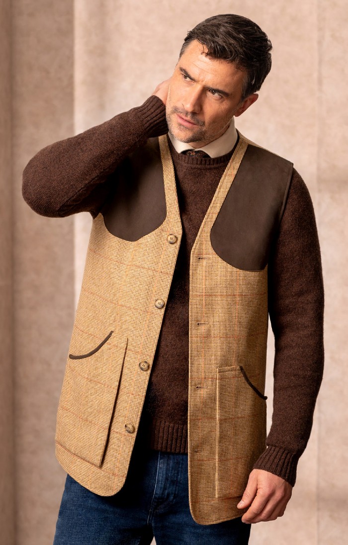 Mens British Saxony Tweed Shooting Waistcoat, Brown - House of Bruar