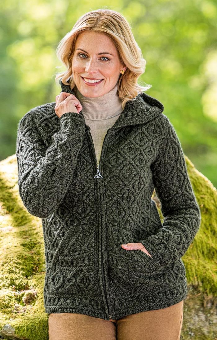 Ladies Merino Hooded Zip Coat, Green - House of Bruar