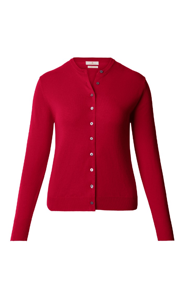 Ladies Merino Crew Cardigan, Red - House of Bruar