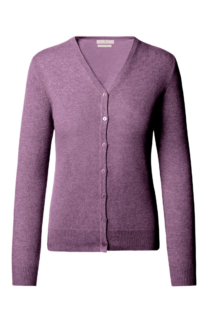 Ladies Cashmere 2-Ply V-Neck Cardigan, Purple - House of Bruar