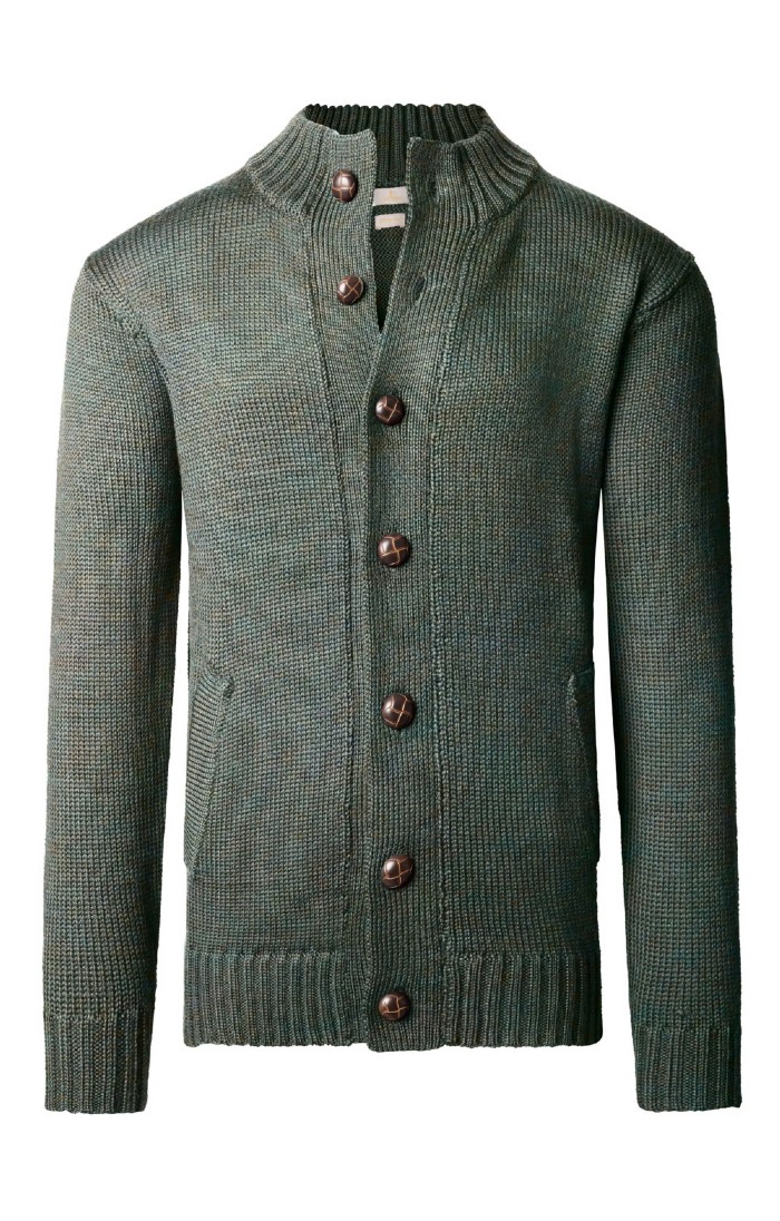 Mens Pure New Wool Football Button Cardigan, Green - House of Bruar