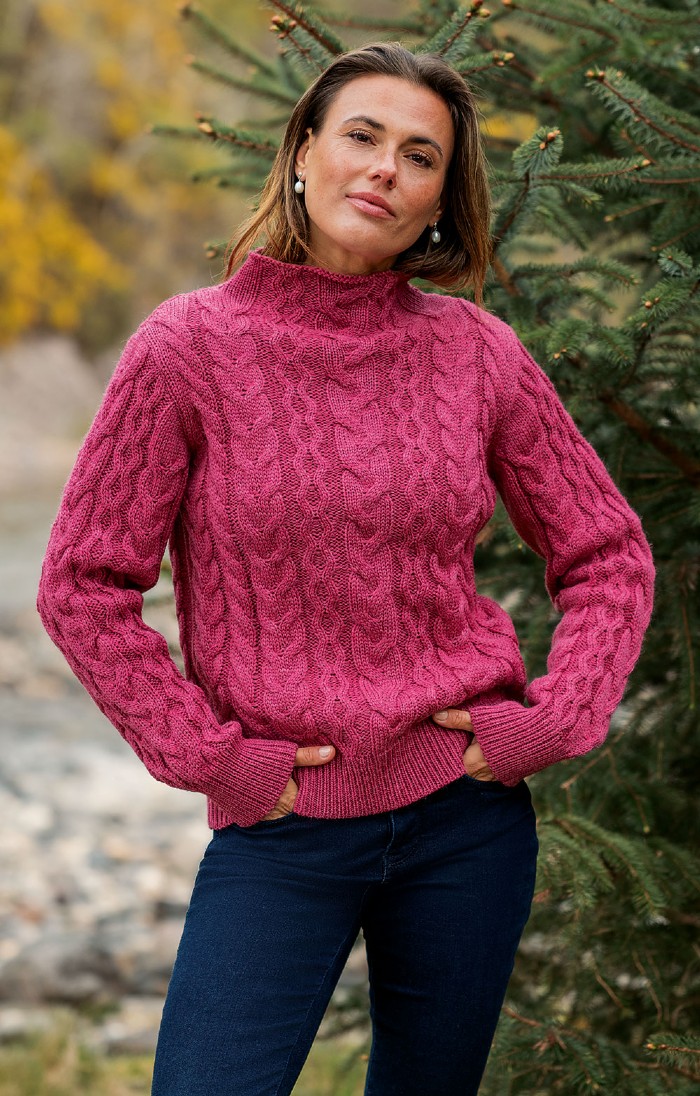 Ladies Pure New Wool Cable Knit Roll Neck Jumper, Pink - House of Bruar