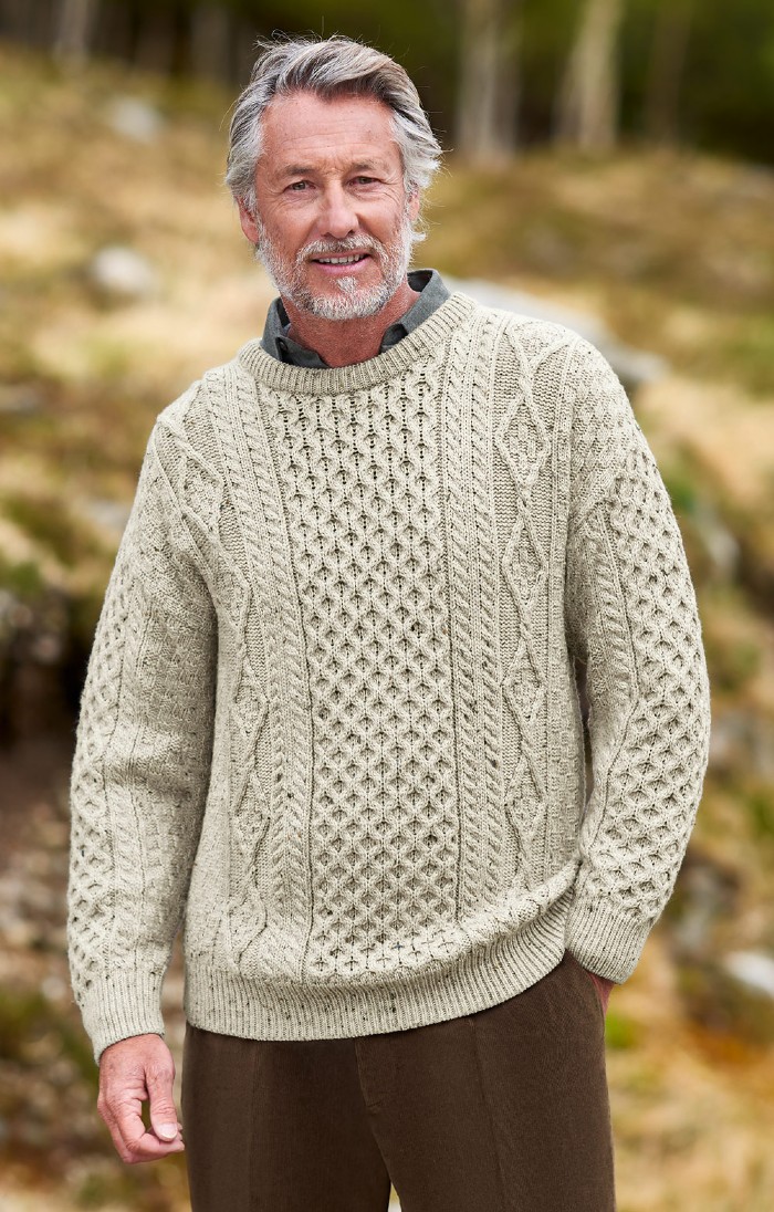 Aran Crew Neck Sweater, Grey - House of Bruar