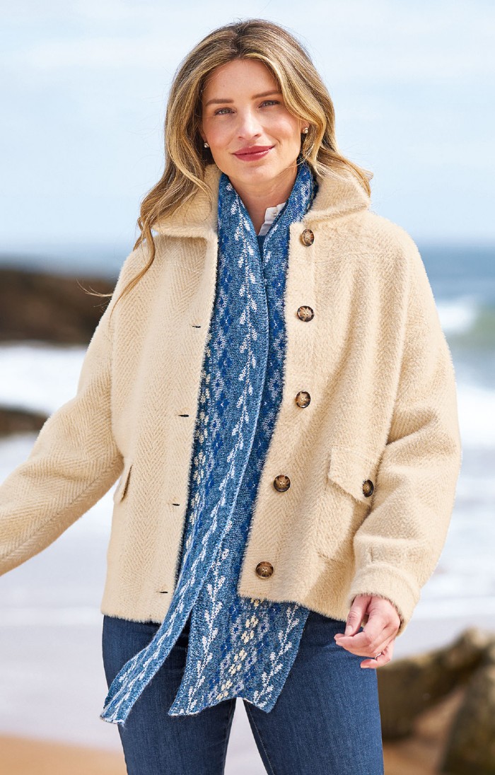 Ladies Herringbone Button Jacket, White - House of Bruar