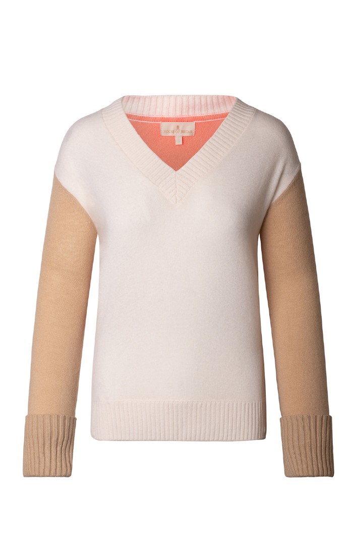Ladies Brodie Cashmere Colour Block V Neck Jumper, White - House of Bruar