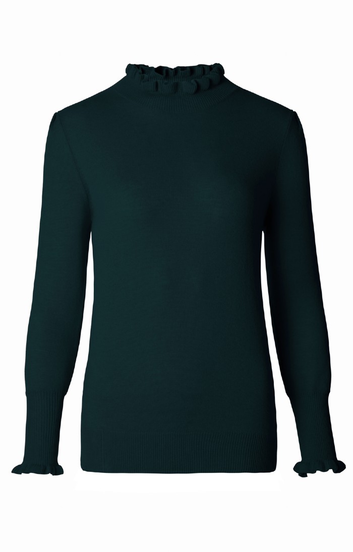 Ladies Merino & Cashmere Ruffle Crew Neck Jumper, Black - House of Bruar