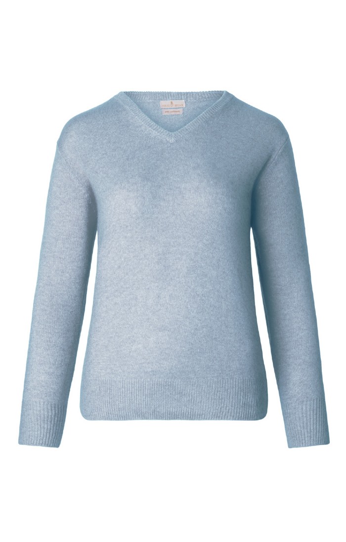 Ladies 3 Ply Cashmere V Neck, Blue - House of Bruar