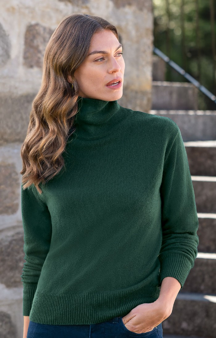 Ladies 3 Ply Cashmere Roll Neck, Green - House of Bruar