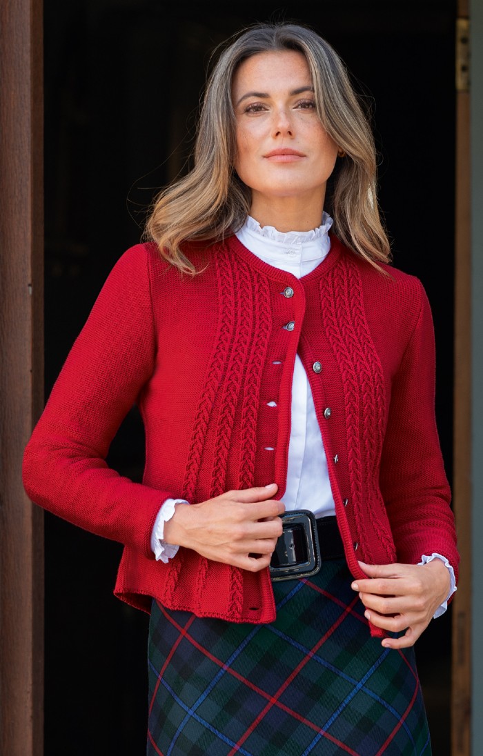 Ladies Cable Back Cardigan, Red - House of Bruar